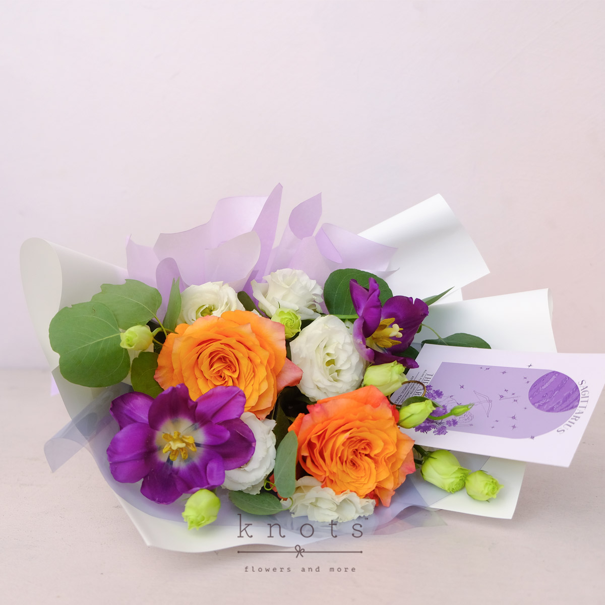 Leola Sagittarius (Orange Ecuadorian Rose and Purple Tulips Bouquet ...