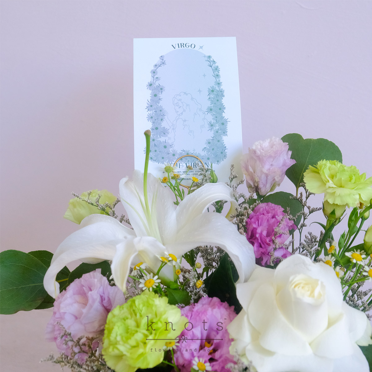 Cosmic Virgo (White Lily, White Rose, and Green Carnation Arrangement ...