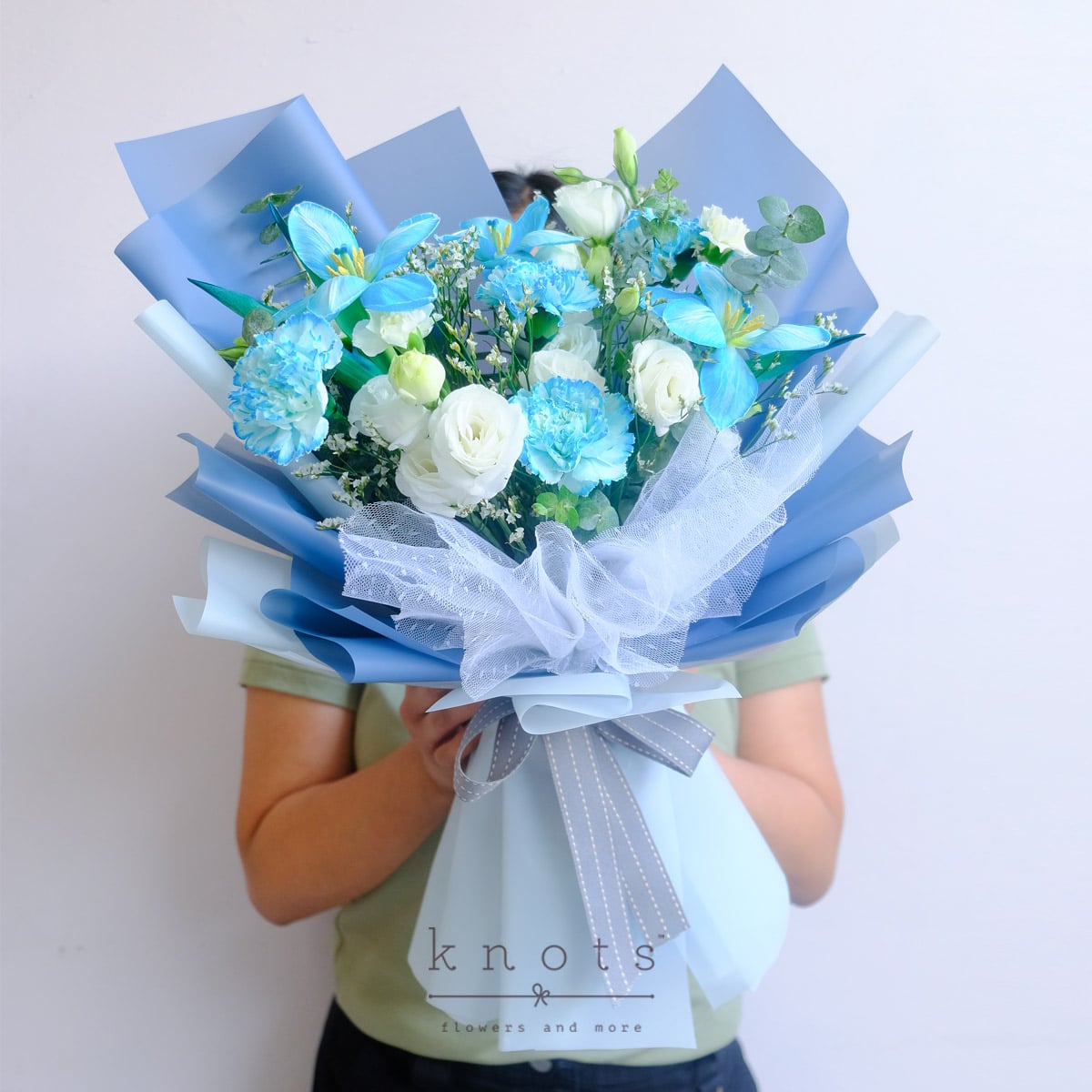 Celeste (Ice Blue Dyed White Tulips and White Carnation Bouquet) | Knots.ph