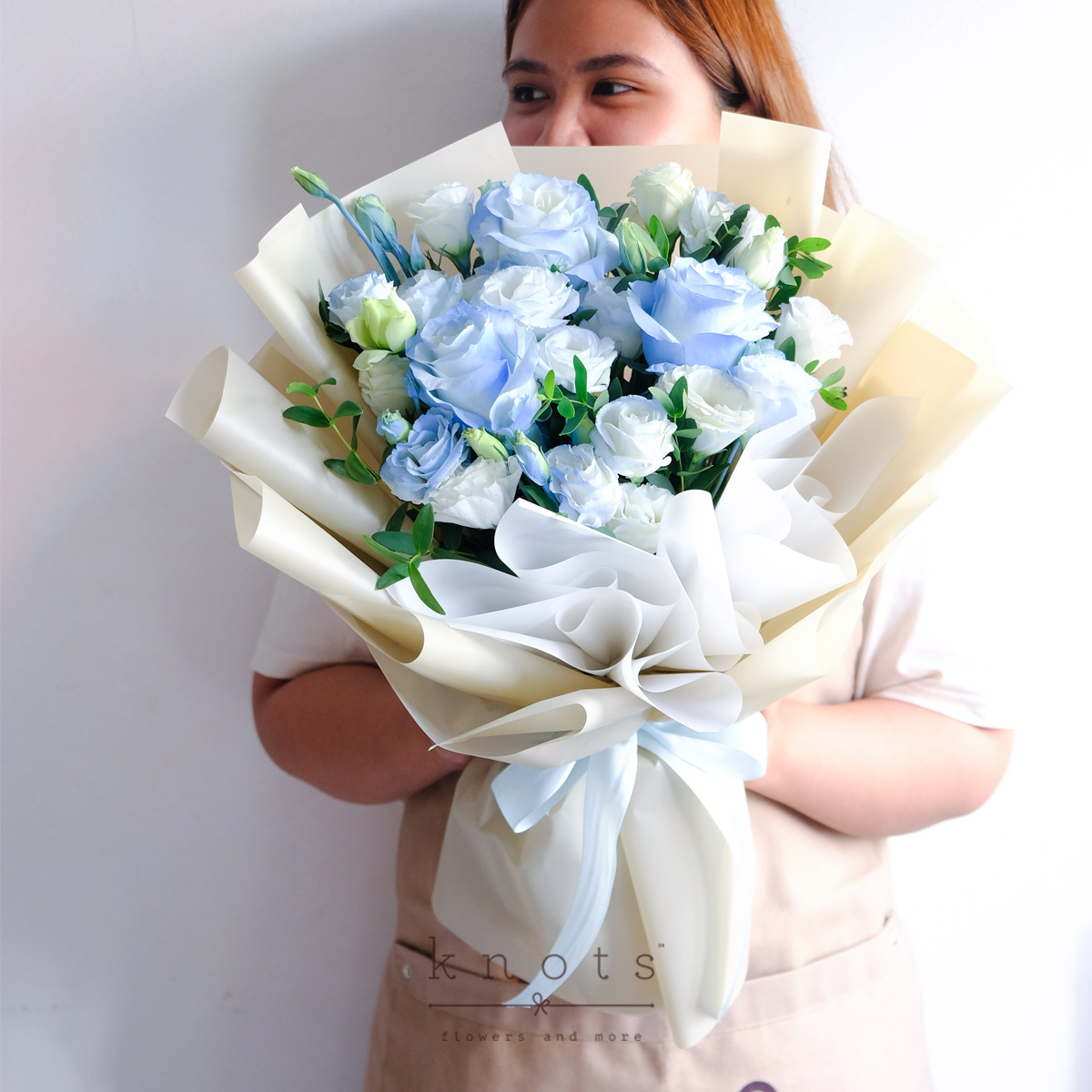Kristia (Light Blue Sprayed White Roses Bouquet) | Knots.ph