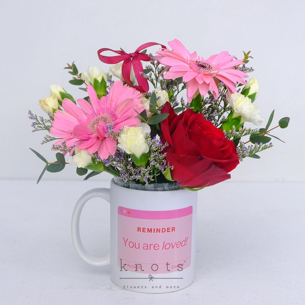 Lovely Reminder (Pink Gerbera & Red Rose Mug Arrangement) | Knots.ph