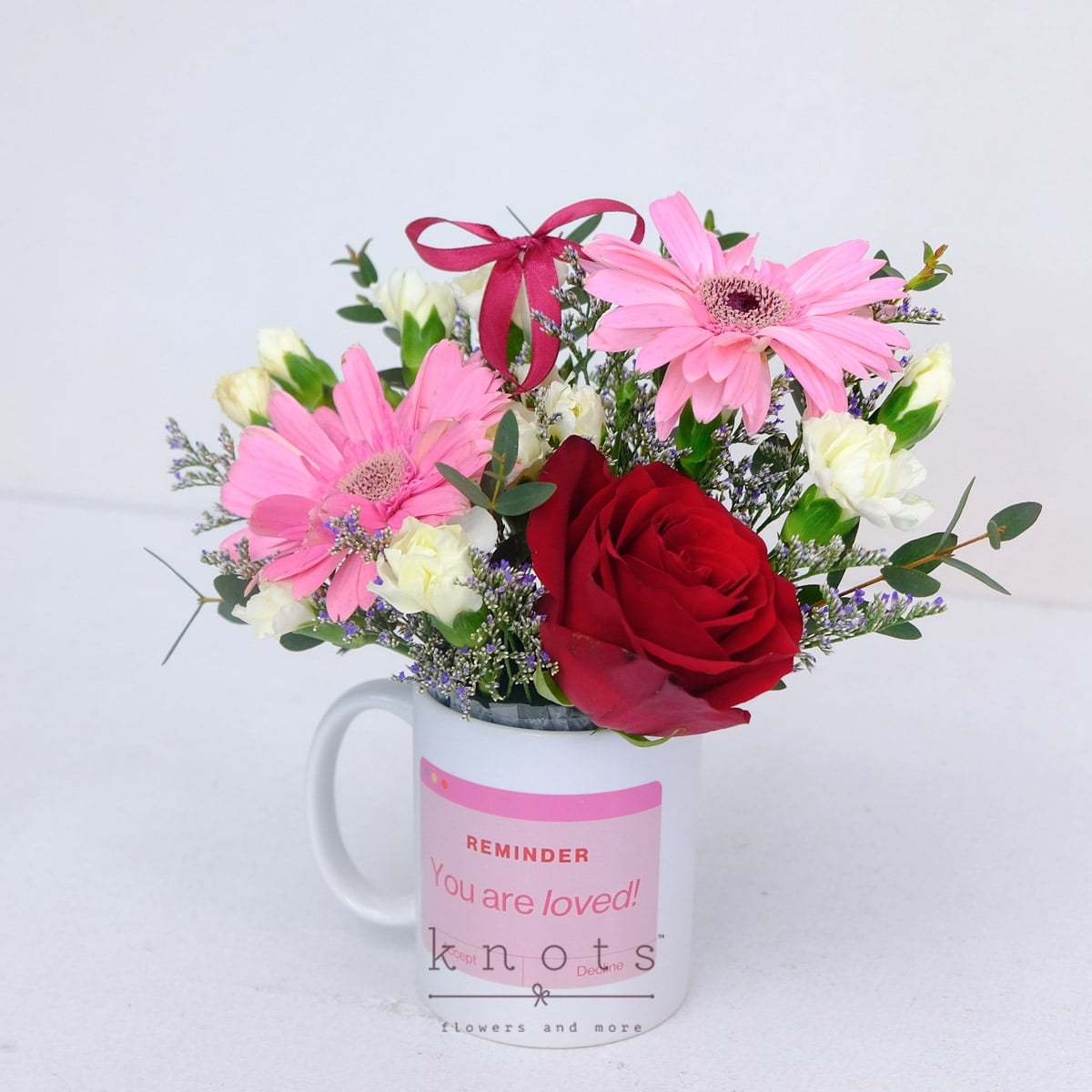 Lovely Reminder (Pink Gerbera & Red Rose Mug Arrangement) | Knots.ph