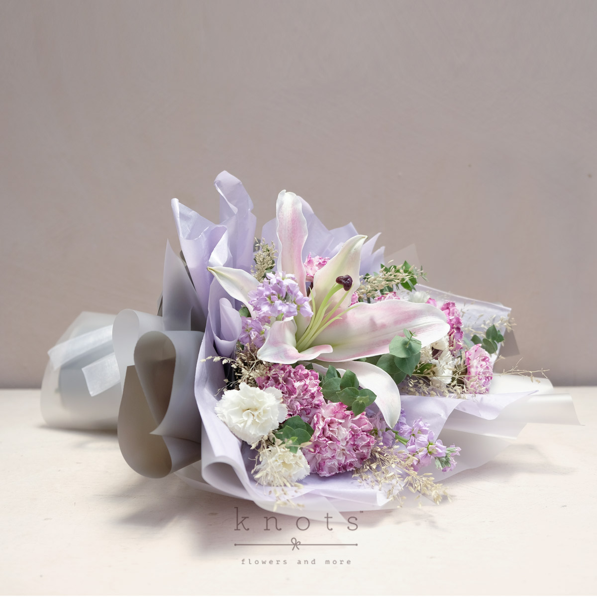 Moonlight Blooms (Lily, and Purple Dyed Carnations Bouquet) | Knots.ph